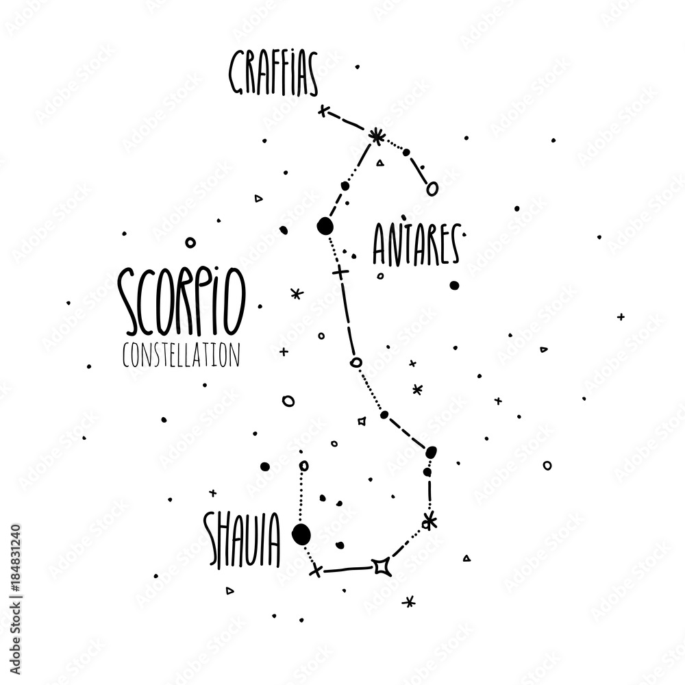 Scorpio constellation hand draw illustration. Scorpion stellar map on ...