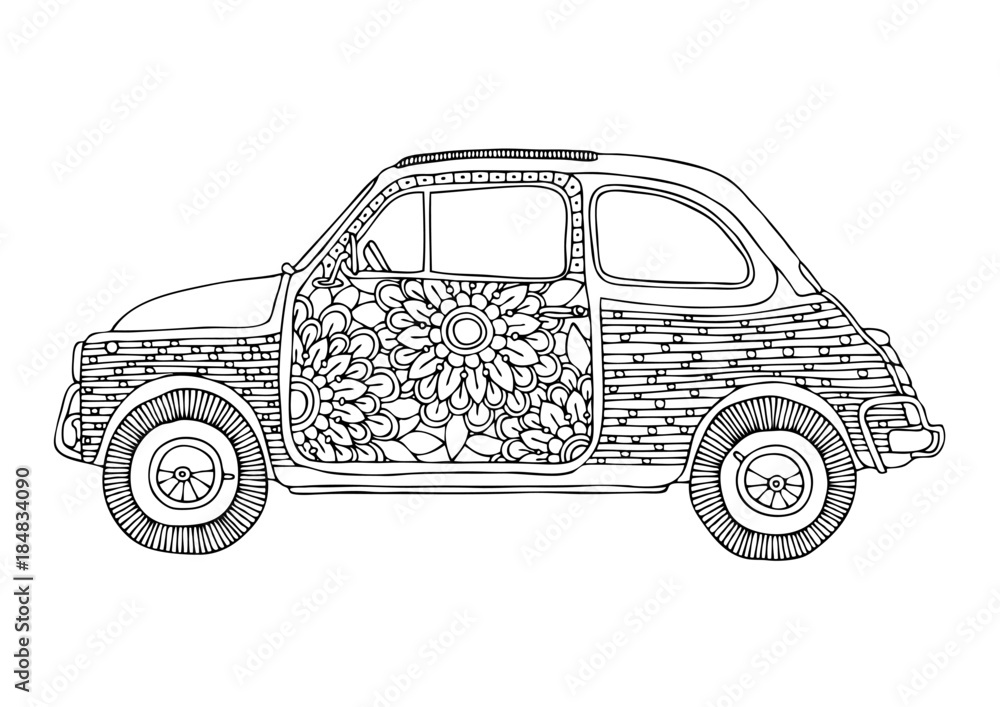 Hippie car. Small cute car with flowers. Hand drawn picture. Sketch for ...