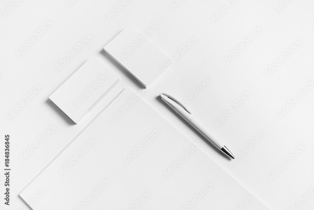Blank stationery set. Letterhead, business cards and pen on white paper ...