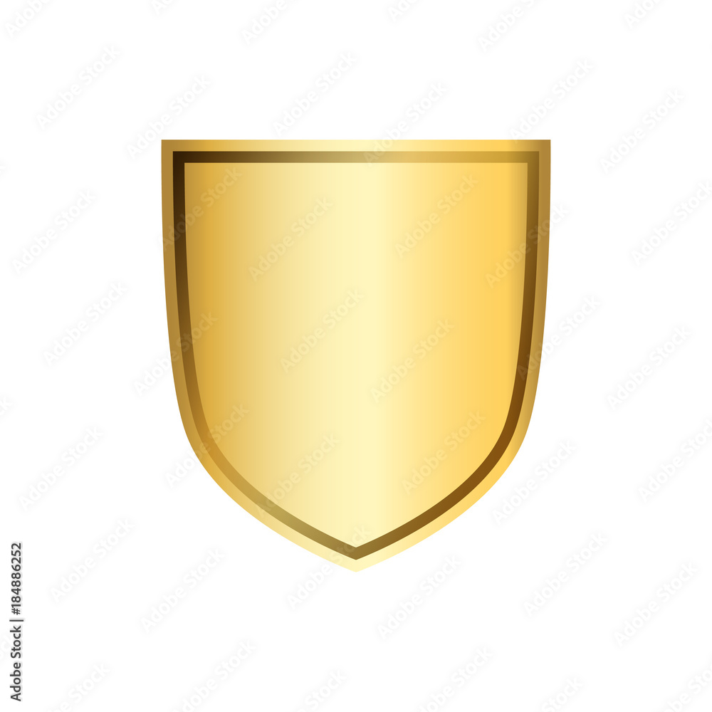 Gold shield shape icon. 3D golden emblem sign isolated on white ...