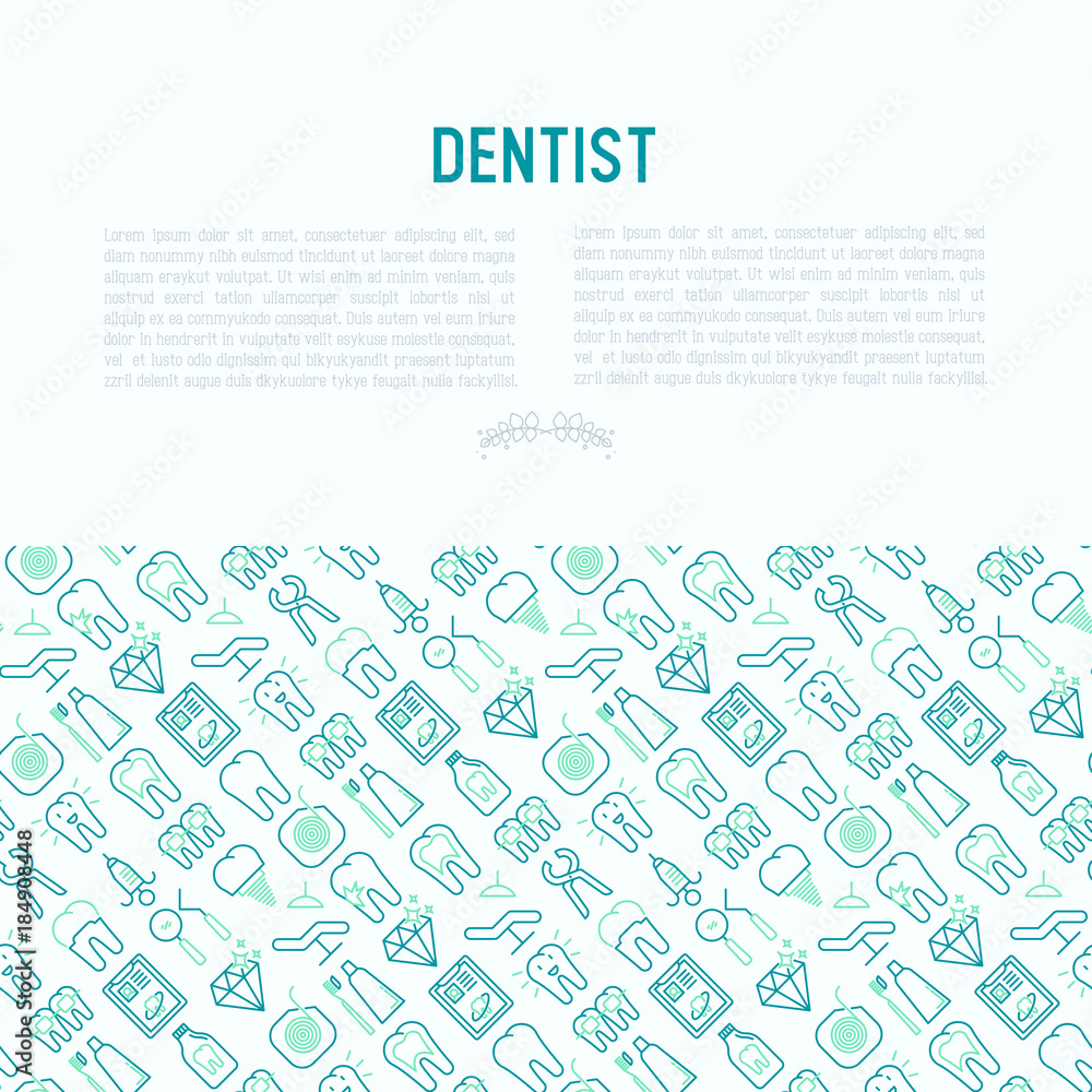 Dentist concept with thin line icons of tooth, implant, dental floss ...