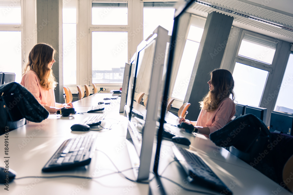 Young Student Girl Female in Bright Computer Lab University Classroom ...