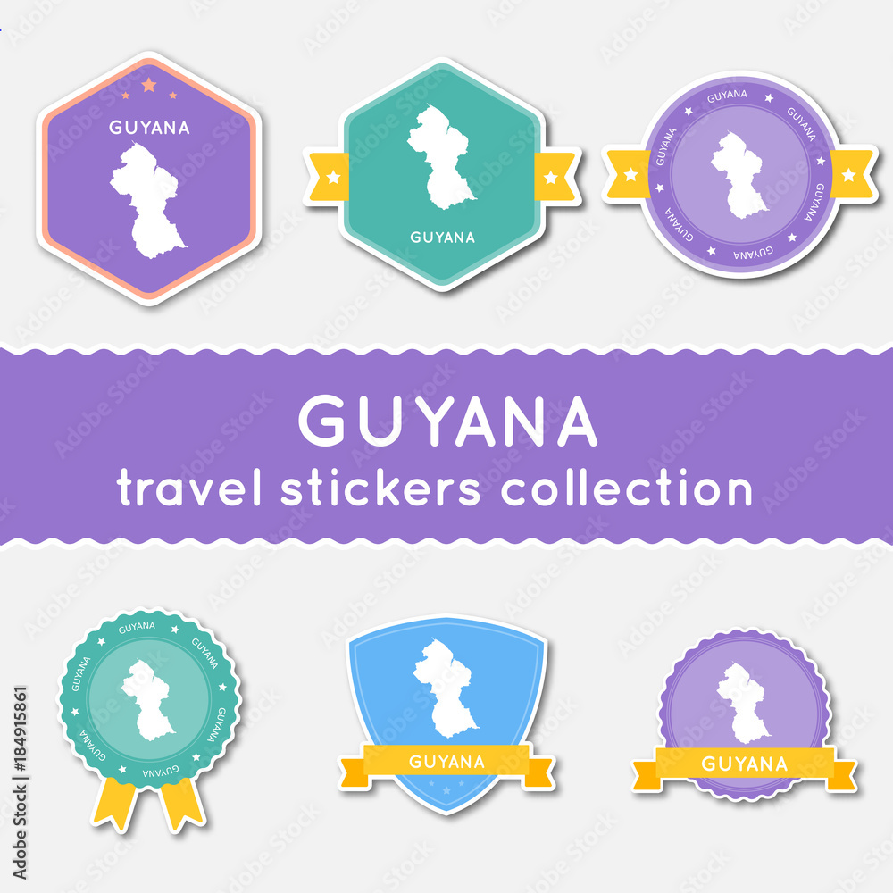 Guyana travel stickers collection. Big set of stickers with country map ...