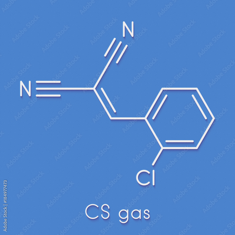 2-chlorobenzalmalononitrile tear gas (CS gas) molecule. Skeletal ...