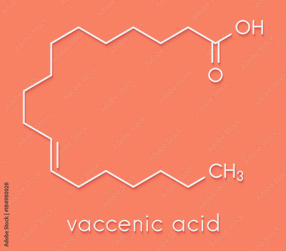 Vaccenic acid molecule. Trans fatty acid, present in animal fat and ...