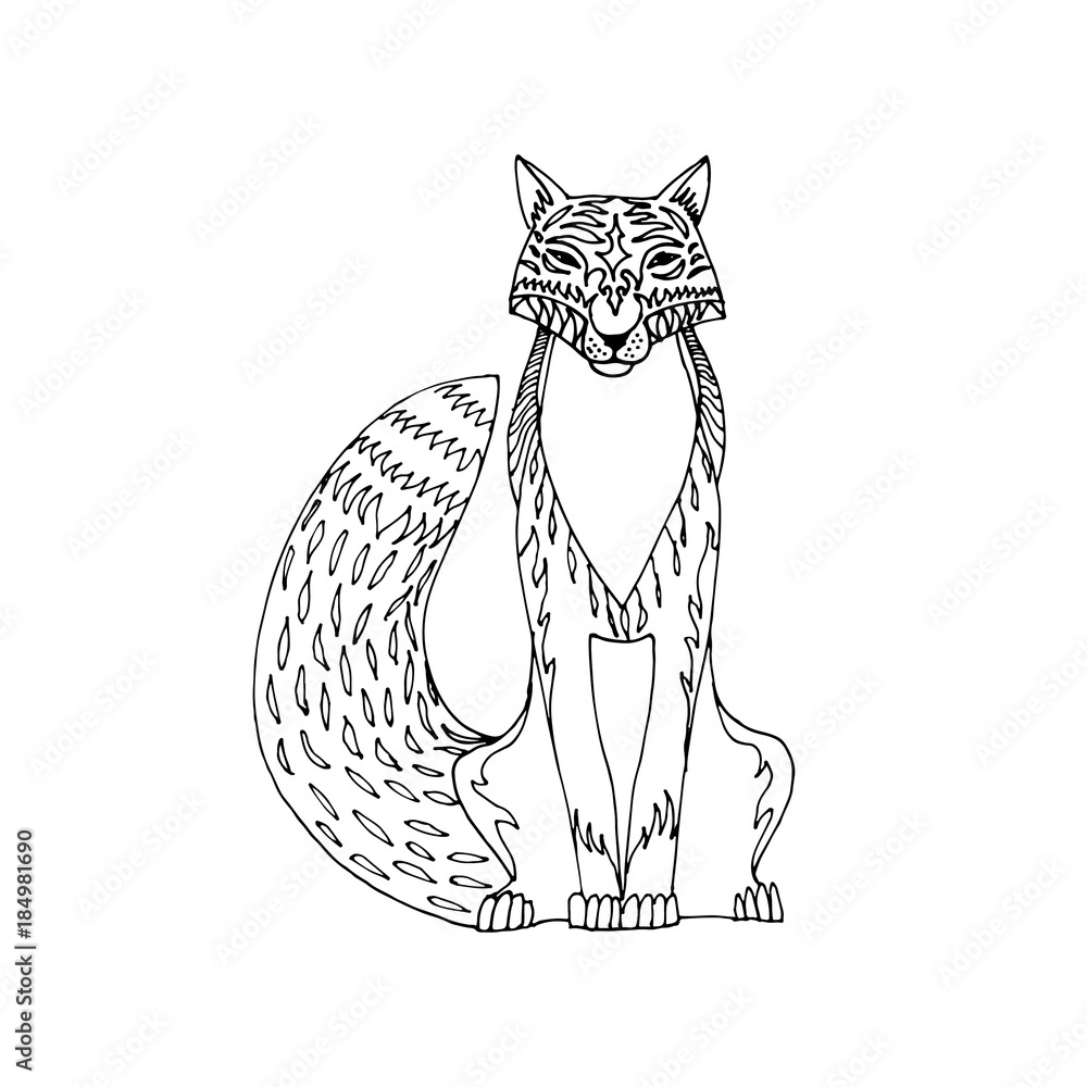 Black hand drawn fox decorative contour image on white background ...
