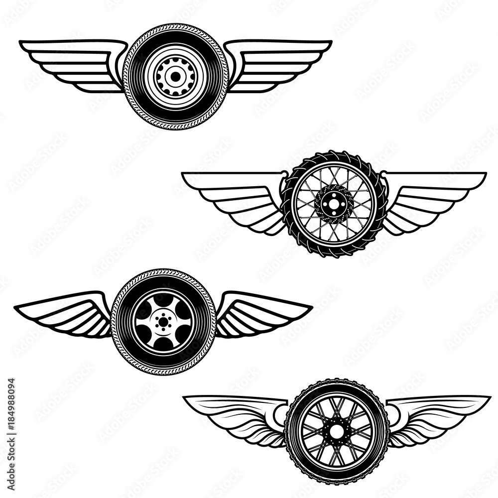 Set of winged wheels. Design element for logo, label, emblem, sign ...
