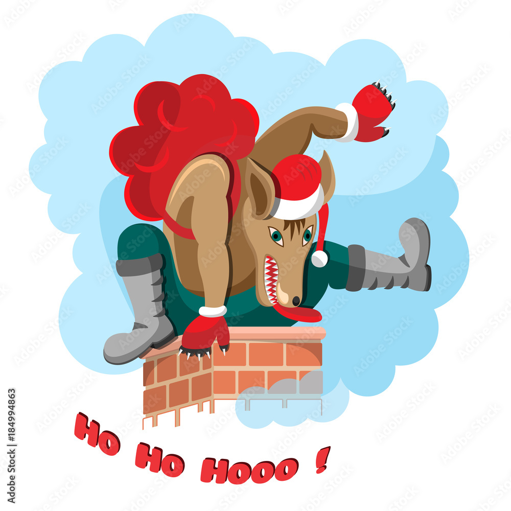 Wolf in Santa costume. Isolated on white background. Vector cartoon ...