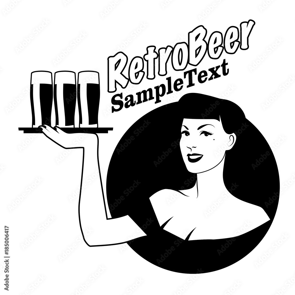 Retro emblem of pinup girl carrying a tray with beer Stock Vector ...