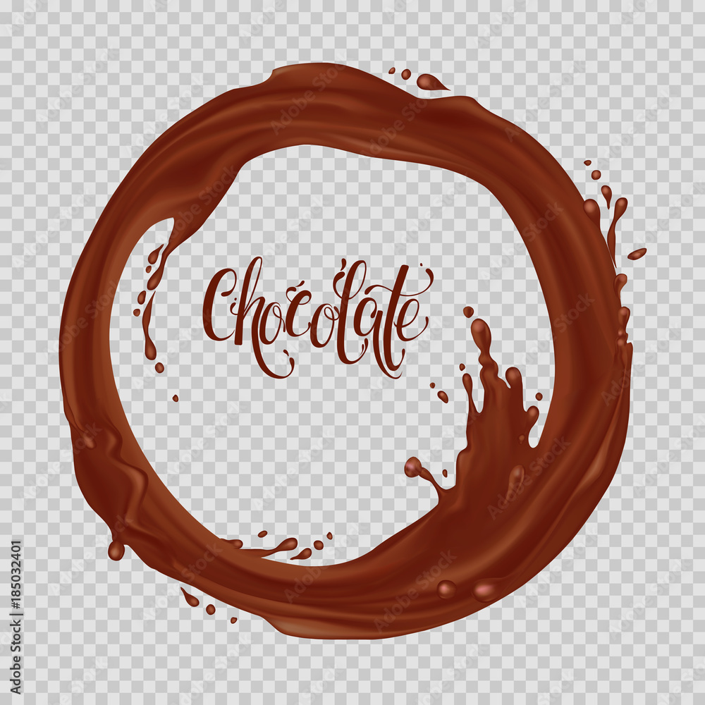 Chocolate flowing in a circle. Realistic falling drops and splash ...