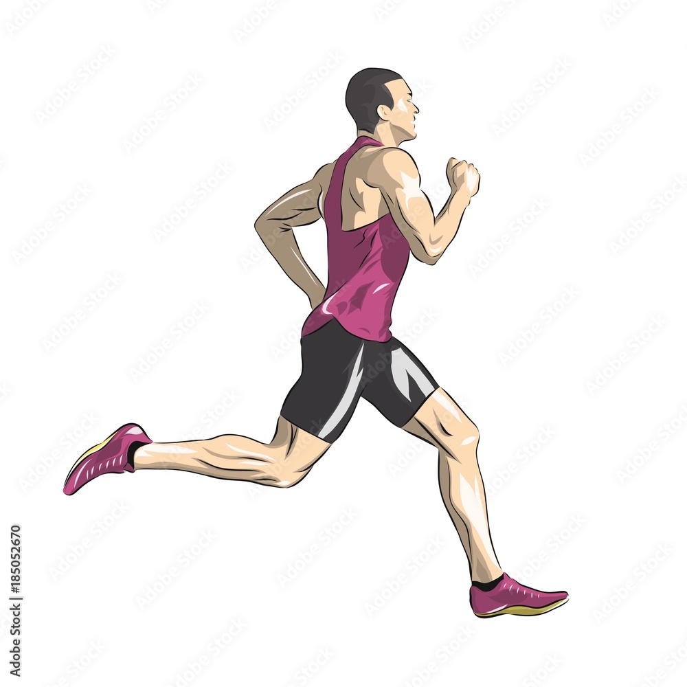 Running man in purple jersey, vector drawing. Sprinting athlete Stock ...