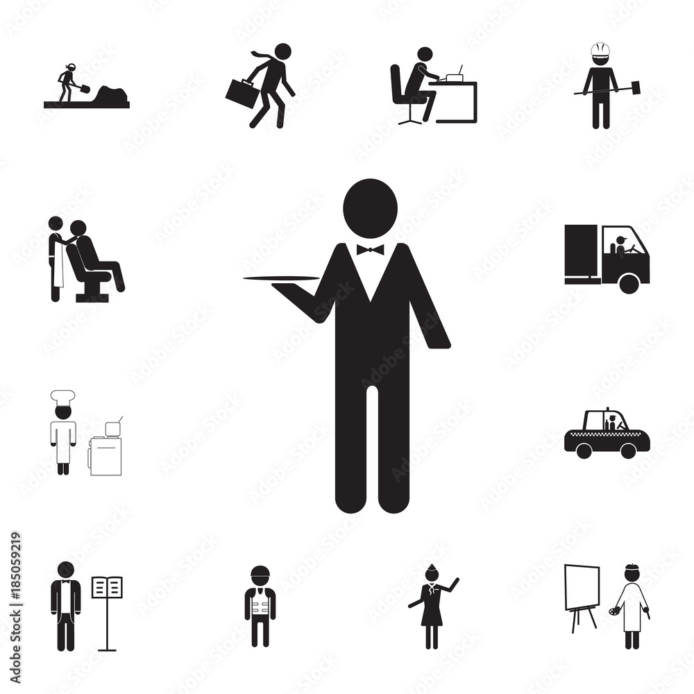 waiter character brings food icon. Set of professions disasters icons ...