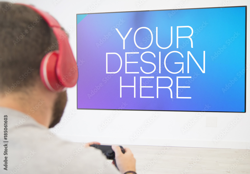 Man Playing Video Game Mockup Stock Template | Adobe Stock