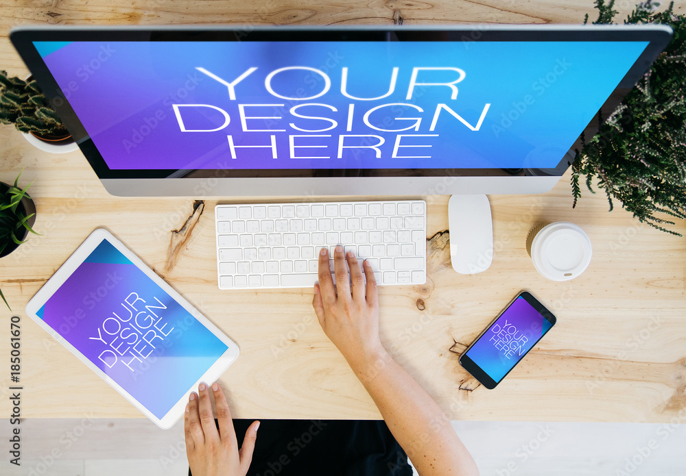 Top View Mockup of Desktop User with Tablet and Smartphone Stock ...
