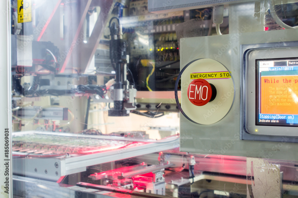 The Emergency stop button on auto machine Stock Photo | Adobe Stock