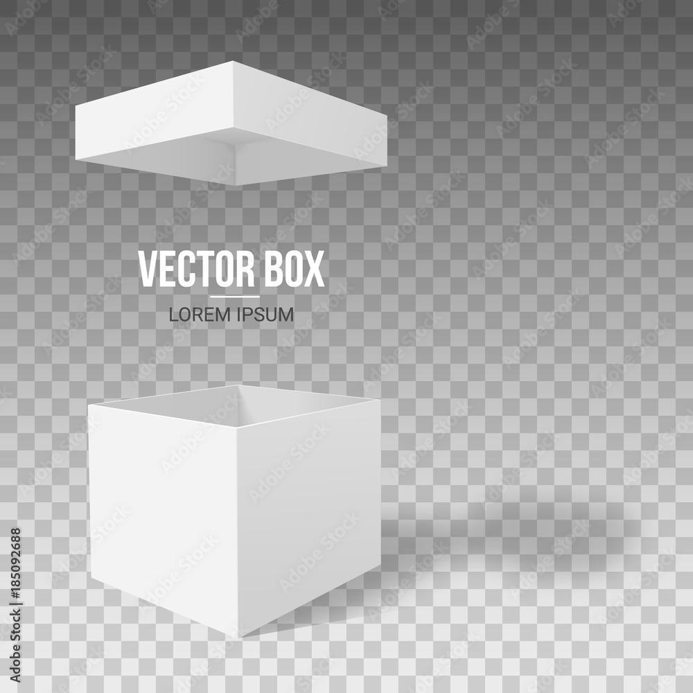 White empty box with an open lid on a transparent background. Vector ...