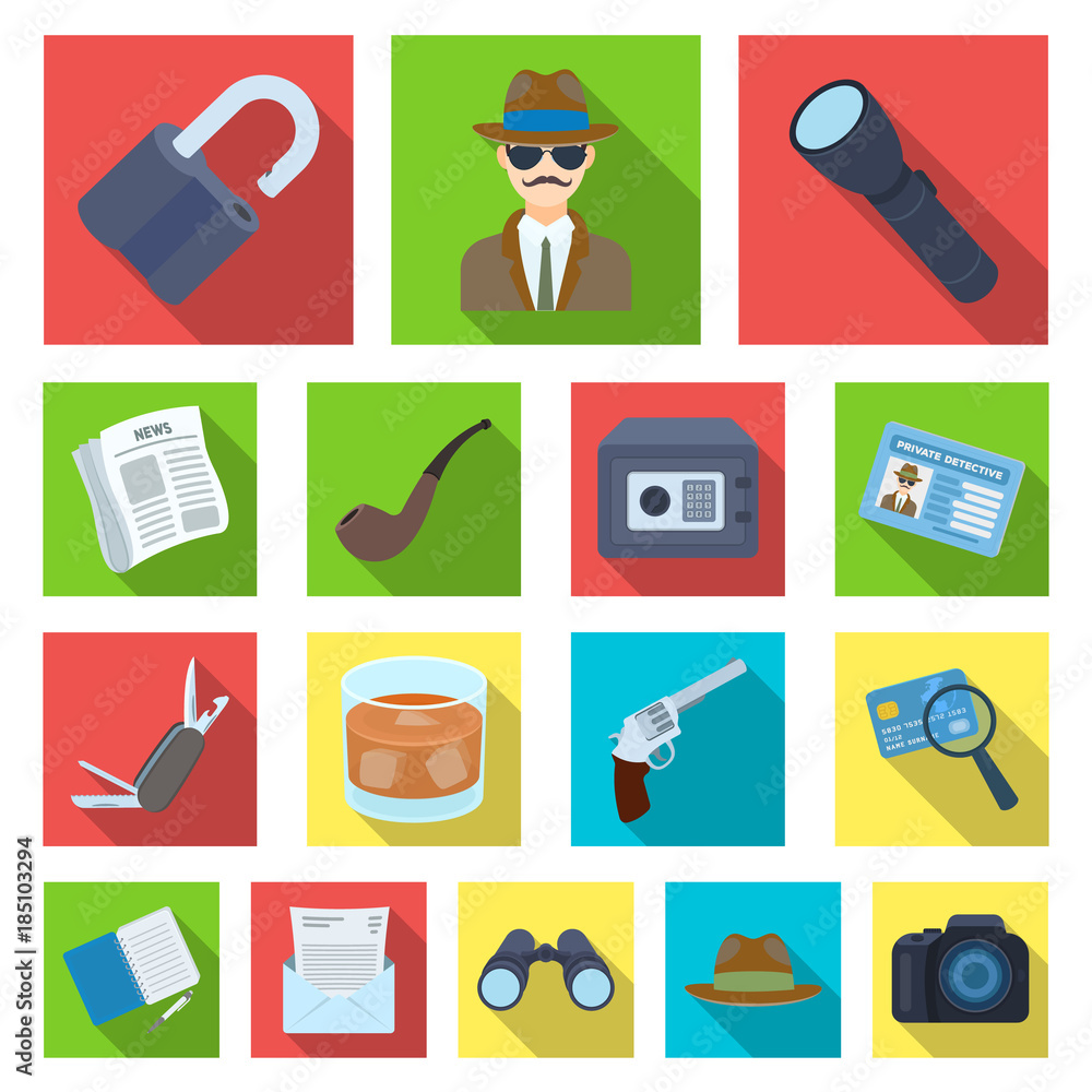 Detective and Attributes flat icons in set collection for design ...