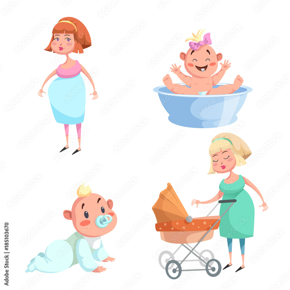 Cartoon trendy design mother and babies sticker icons. Washing girl in ...