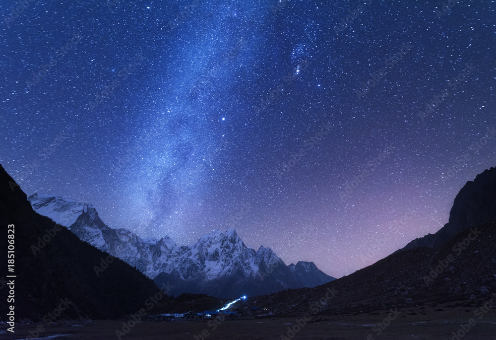Milky Way and mountains. Fantastic view with himalayan mountains and ...