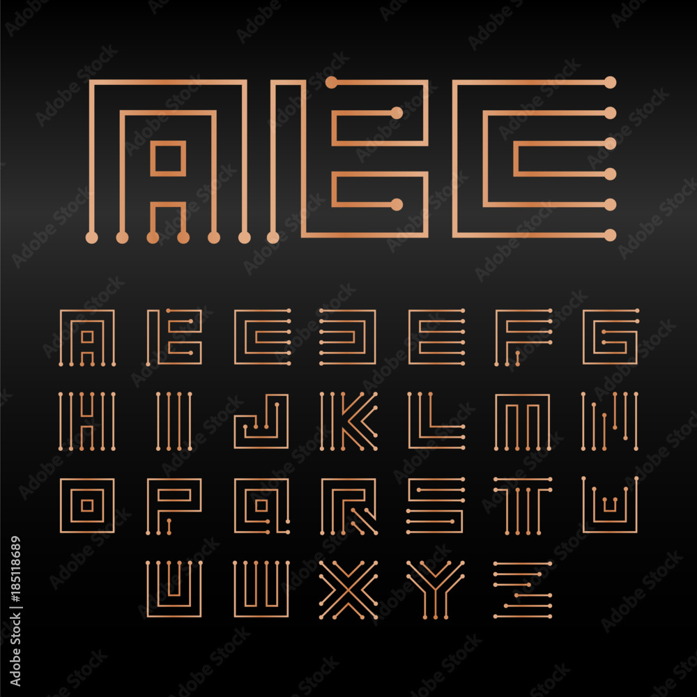 Digital vector alphabet, isolated abstract technology font. Microchip ...