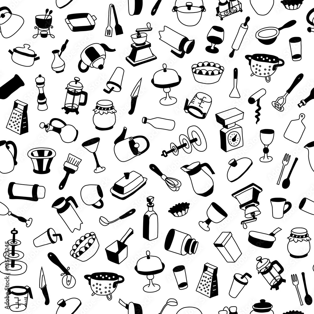 Seamless pattern with different types of cookware. Endless texture for ...