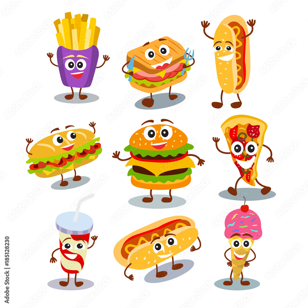 Funny, cute fast food hamburger, sandwich, hot dog, pizza, ice cream ...