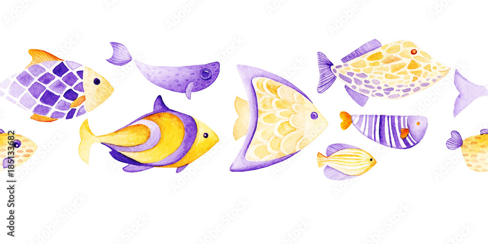 Watercolor different fish pattern. Ultra violet and gold colors. For ...