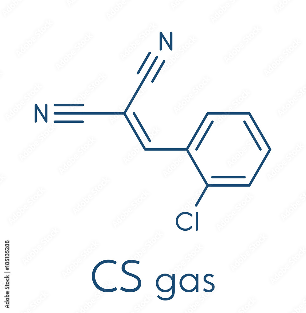 2-chlorobenzalmalononitrile tear gas (CS gas) molecule. Skeletal ...