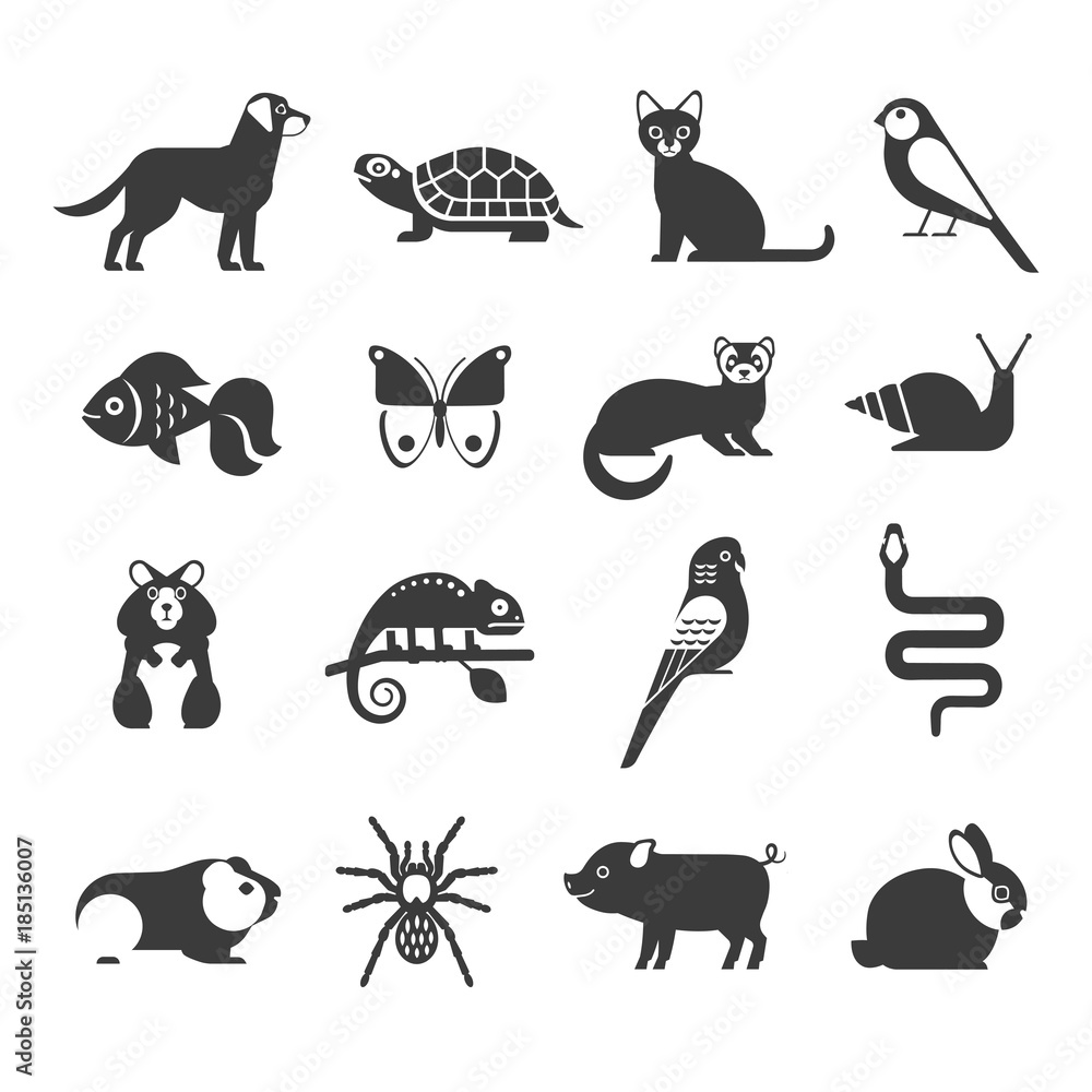 Pets icons set. Vector collection of modern black icons of domestic ...