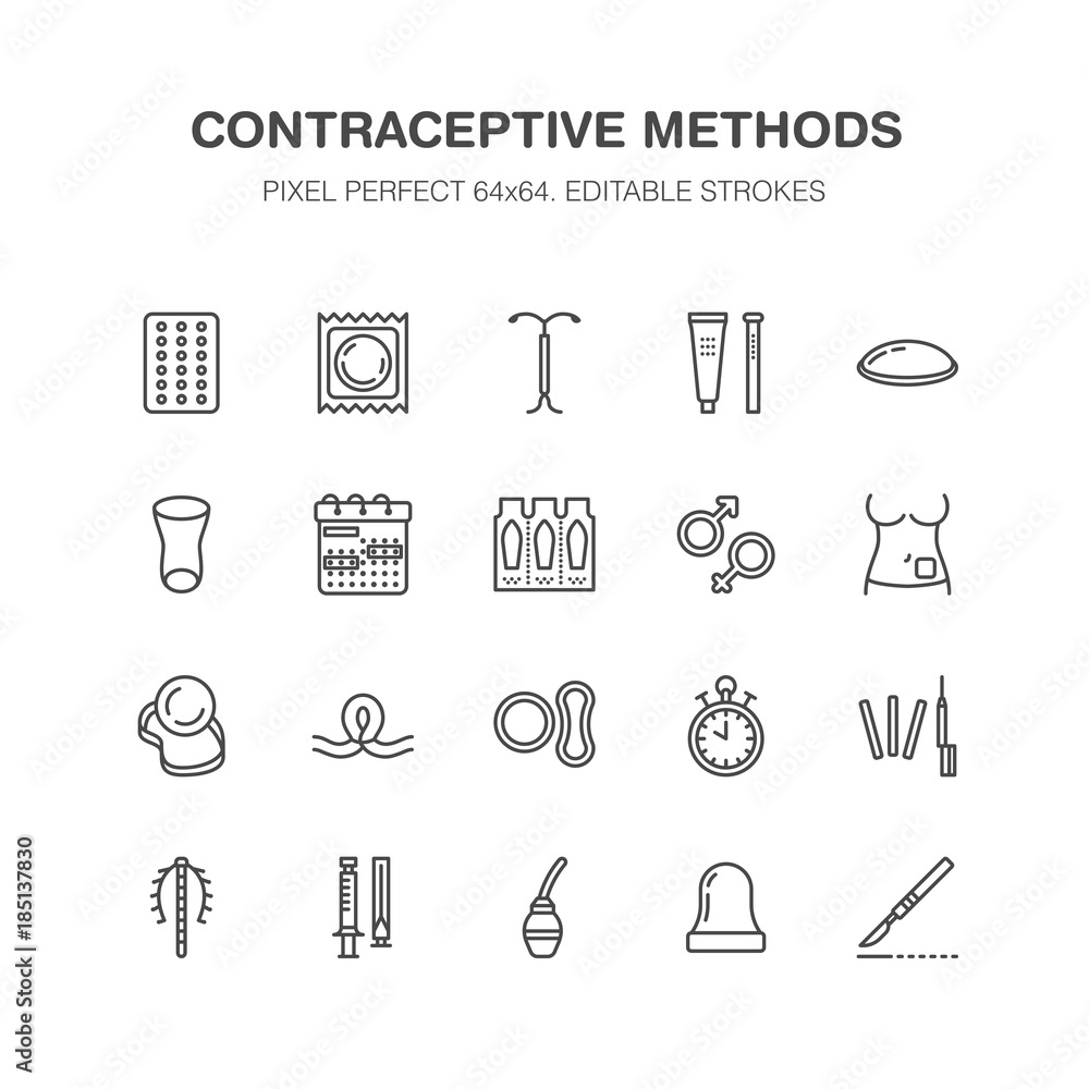 Contraceptive Methods Line Icons Birth Control Equipment Condoms