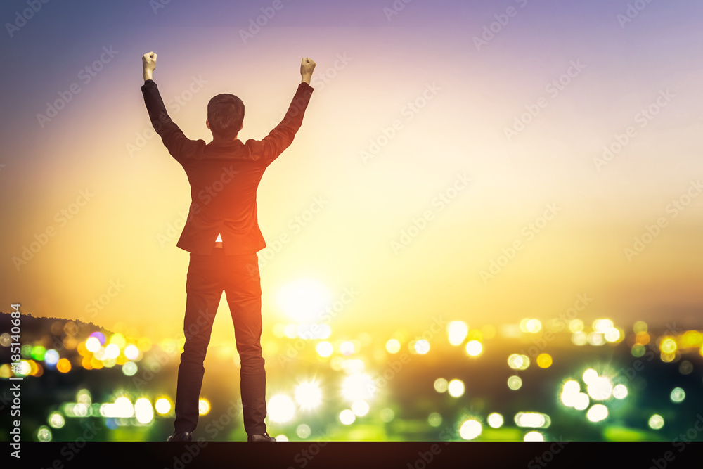 Businessman raise arms up in victory moment. Concept of victory ...