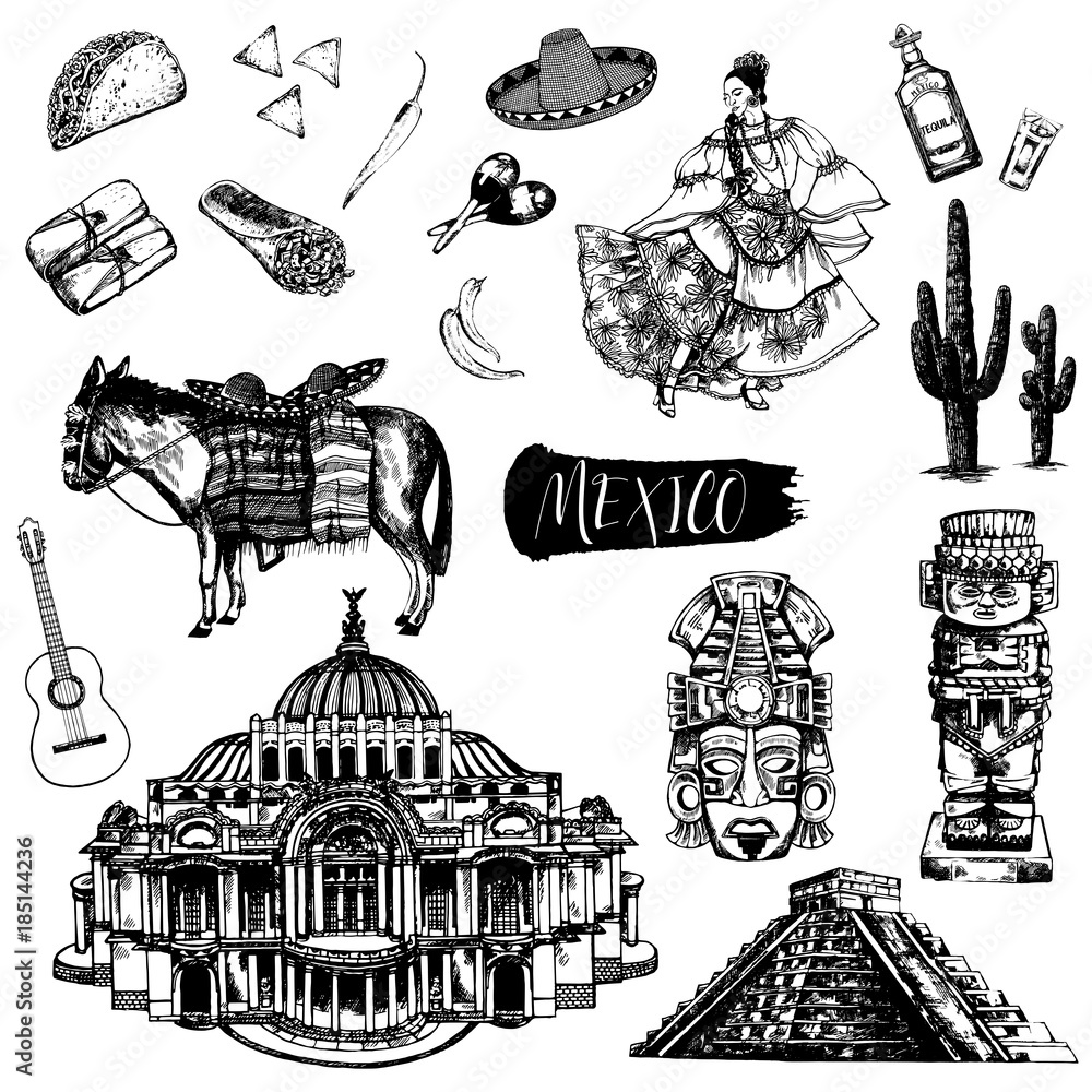 Hand drawn sketch style set of Mexican themed landmarks, food, drink ...