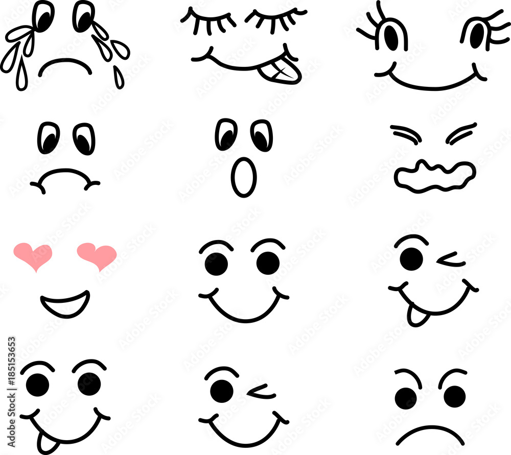 Cartoon faces expression line icons set. Set of emoticons or emoji ...