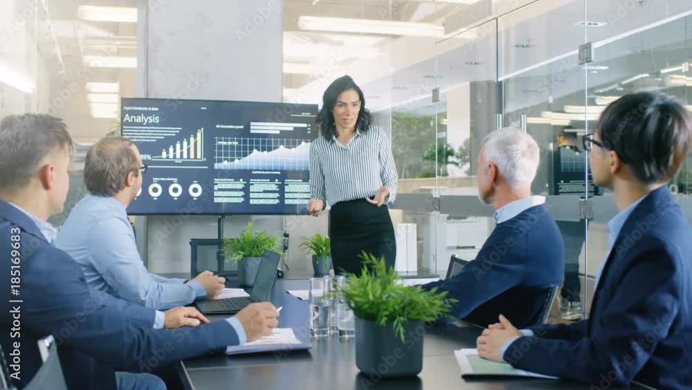 Chief Female Executive Gives a Report/ Presentation to Her Colleagues ...