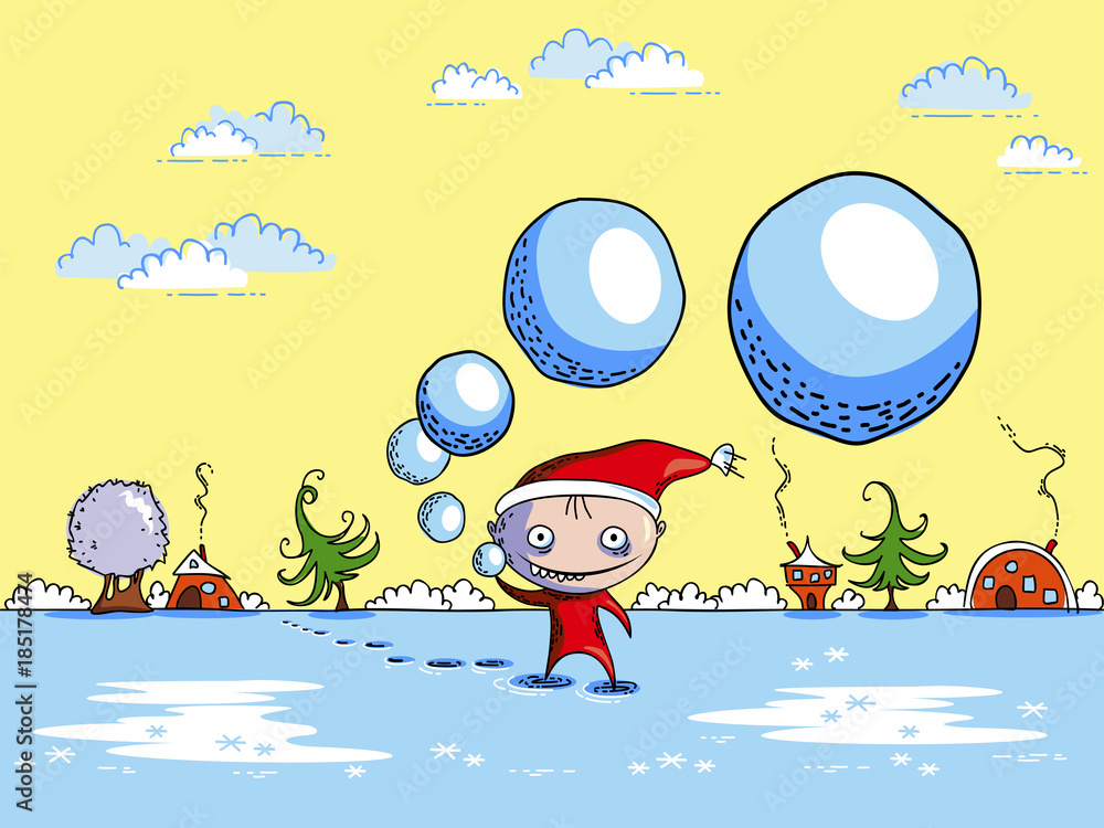Playful elf / Vector funny cheerful Christmas scene. Elf throws ...