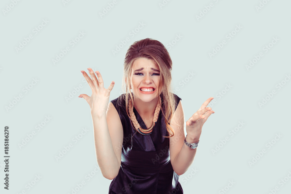 Frustrated. Close up very angry woman screaming in horror, grimace ...