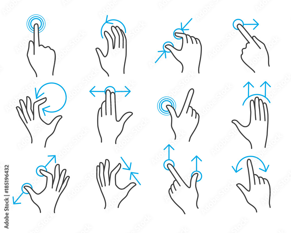 Hand touchscreen gestures. Vector hands actions icons on touch screens ...