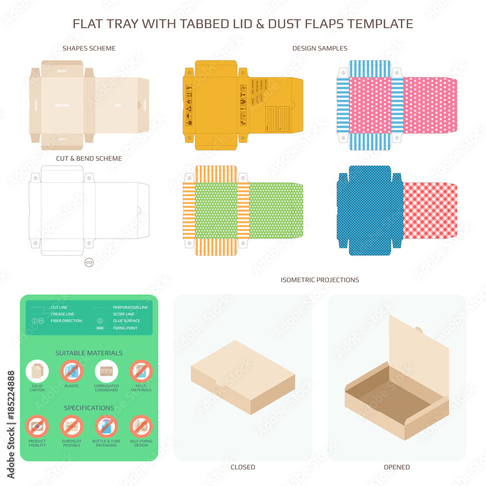 Vectorflat tray with tabbed lid and dust flaps templates set Stock ...