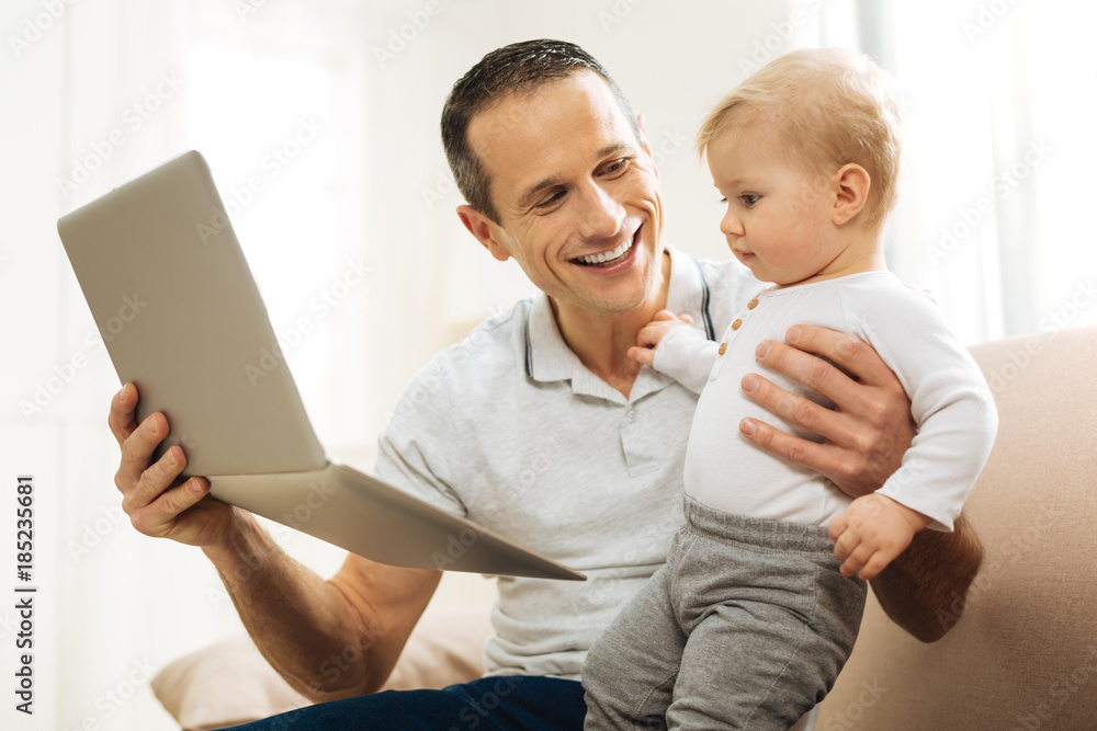 Funny cartoon. Young responsible loving father feeling happy while ...