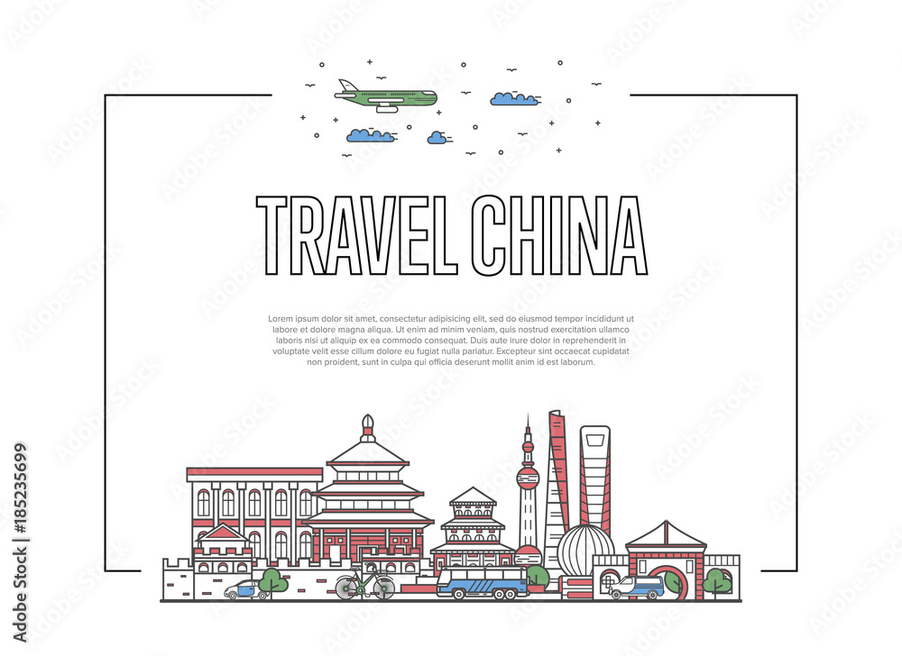 Travel China poster with famous architectural attractions in linear ...