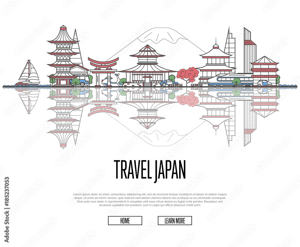 Travel Japan poster with national architectural attractions in trendy ...