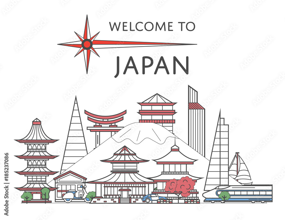 Welcome to Japan poster with famous architectural attractions in linear ...