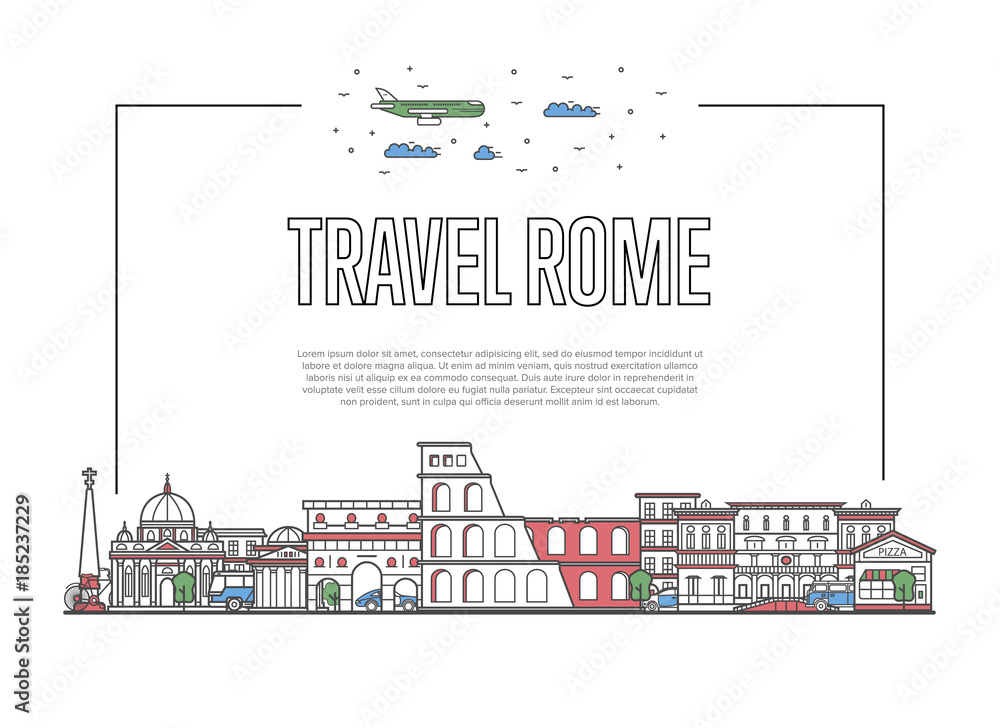 Travel Rome poster with famous architectural attractions in linear ...