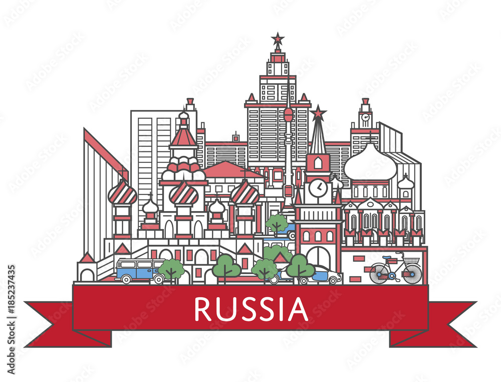 Travel Russia poster with national architectural attractions in trendy ...