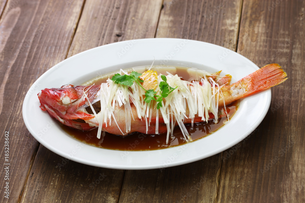 chinese steamed red grouper with ginger, scallions and soy sauce Stock ...