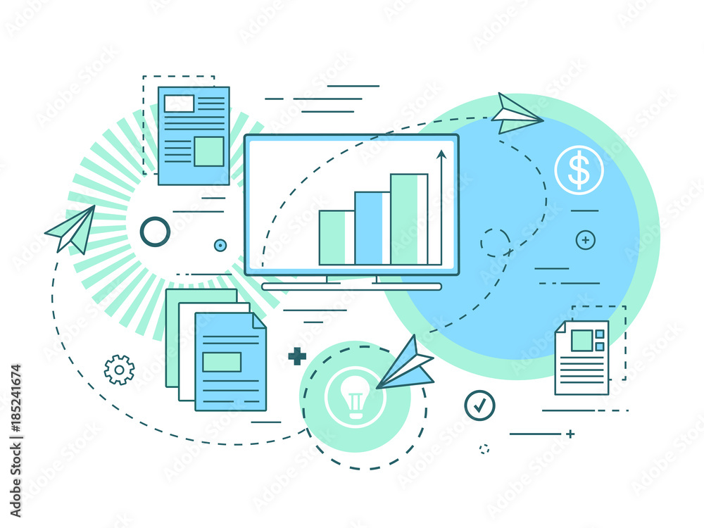 Team business work . Computer work, data processing. Office. Icons line ...