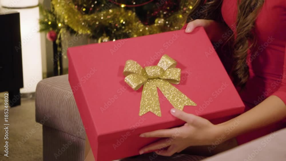 A woman sits in a living room and shows a gift box to the camera ...
