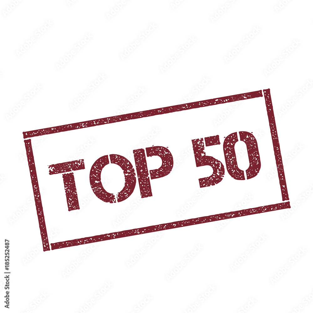 Top 50 rectangular stamp. Textured red seal with text isolated on white ...