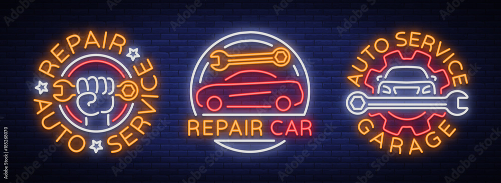 Car service repairs a set of vector logos, a neon sign emblem. Vector ...