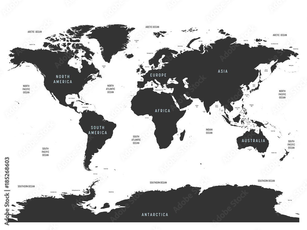 World map of Oceans with labels of oceans, seas, gulfs, bays and ...